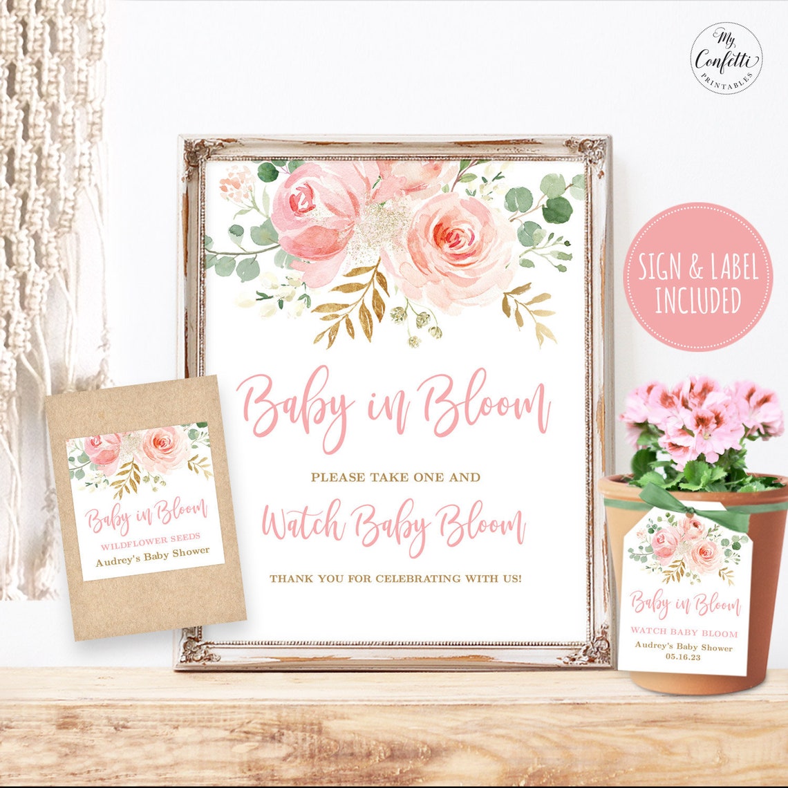 Baby in Bloom Sign, Favor Label or Tag Set, Printable Favor Tags and ...