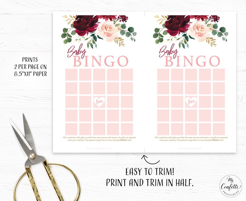 Pink Burgundy Floral Baby Shower Game, Printable Baby Bingo Game, Plum ...