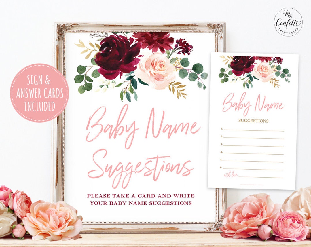 Printable Baby Name Suggestions Sign and Cards, Pink Burgundy Floral ...