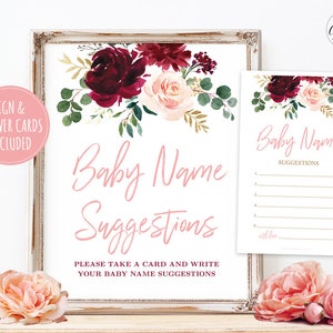 Printable Baby Name Suggestions Sign and Cards, Pink Burgundy Floral ...