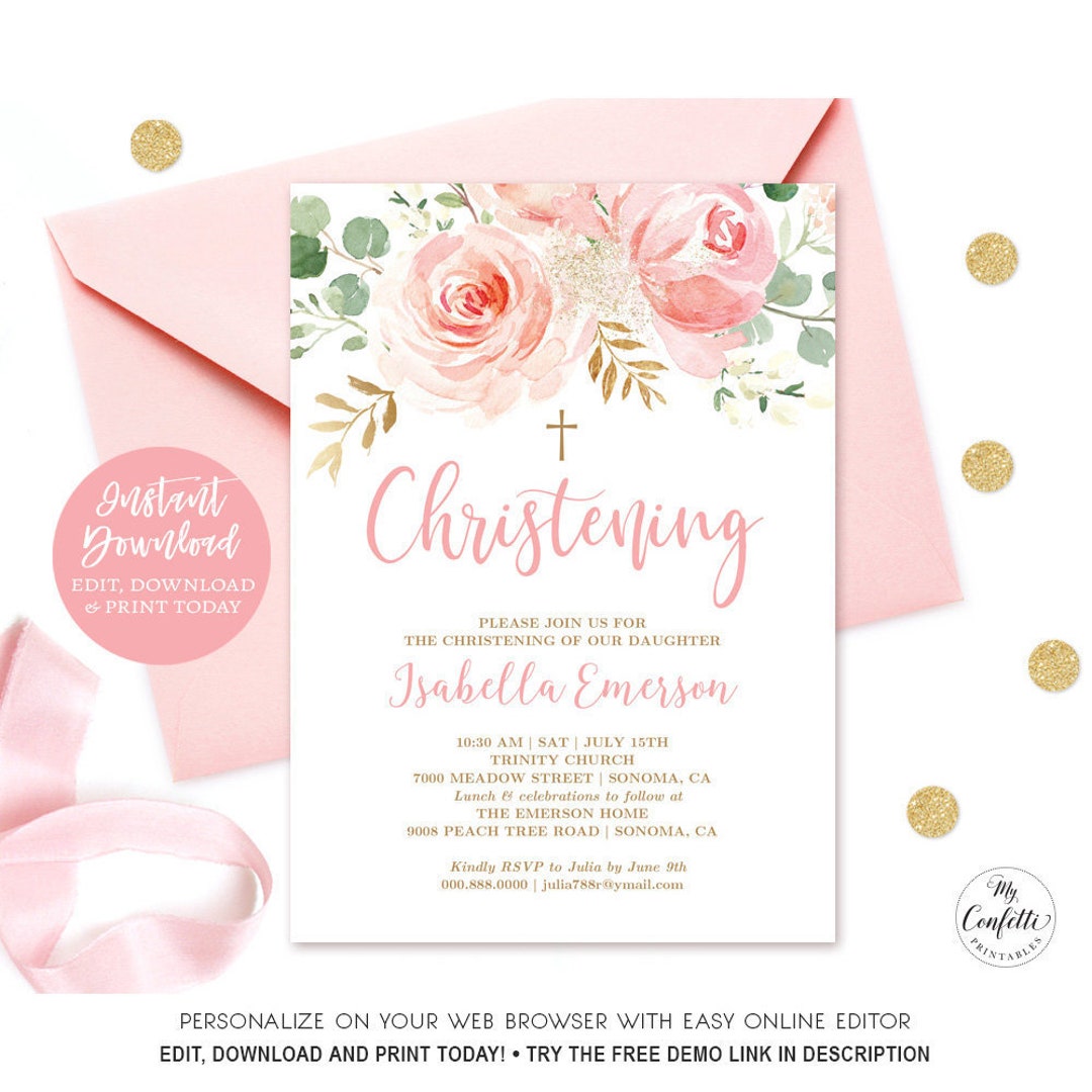 EDITABLE Christening Invitation Template, Blush Pink Floral Christening ...