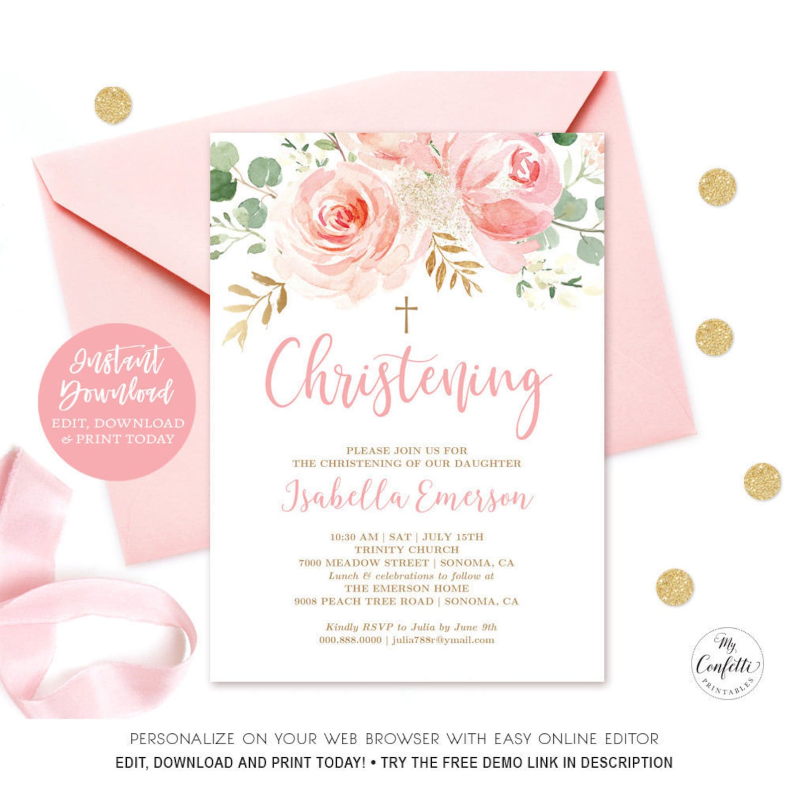 EDITABLE Christening Invitation Template Blush Pink Floral - Etsy