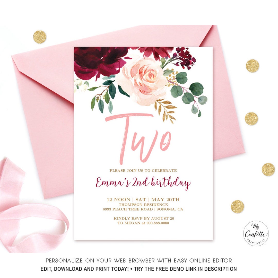 Girl Second Birthday Party Invitation, Editable Girl 2nd Birthday ...
