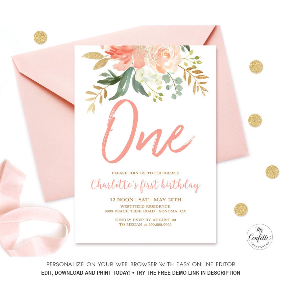 EDITABLE Peach Floral Baby's First Birthday Party - Etsy