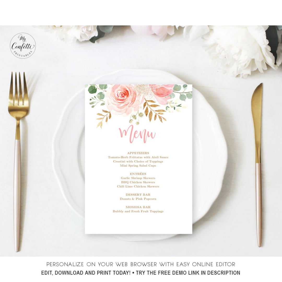 Printable Blush Pink Menu, Editable Menu Template, Baby Shower ...