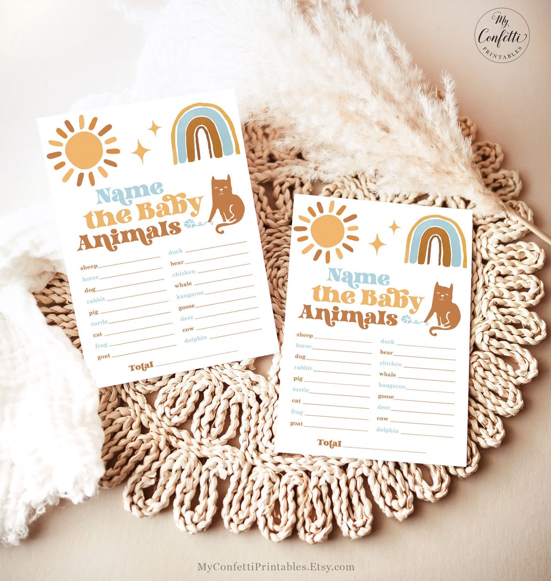 Name the Baby Animals Game, Printable Baby Shower Game Cards, Sunshine ...