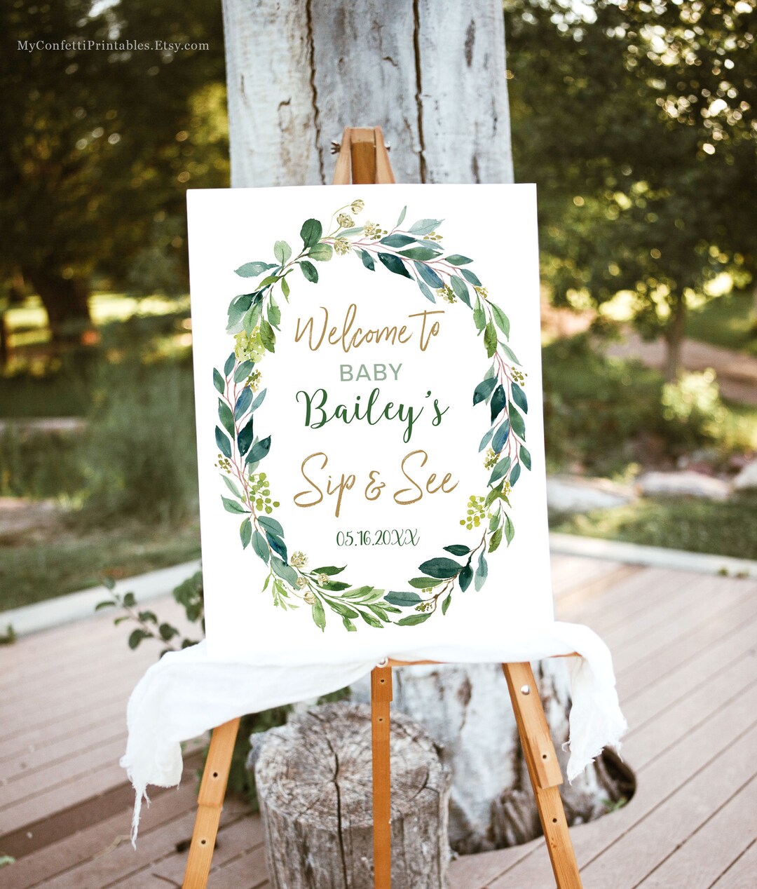 Greenery Sip & See Welcome Sign, Printable Large Welcome Sign Template ...