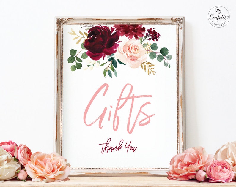 Baby Shower Gifts Sign, Printable Baby Shower Gifts Sign, Pink Burgundy ...
