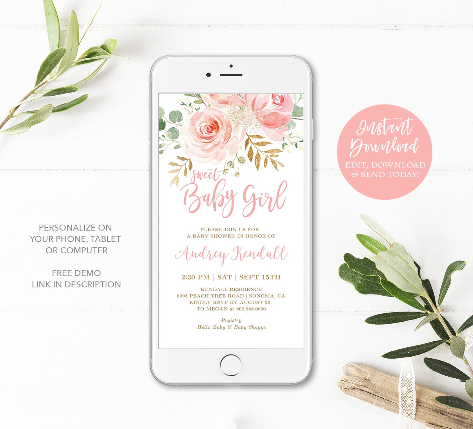 DIGITAL Baby Shower Invitation Electronic Girl Baby Shower - Etsy