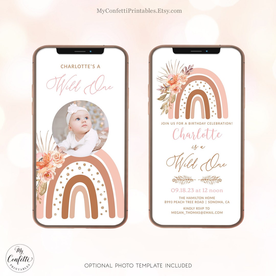 Wild One Digital Birthday Invitation, Pink Boho Rainbow Digital First ...