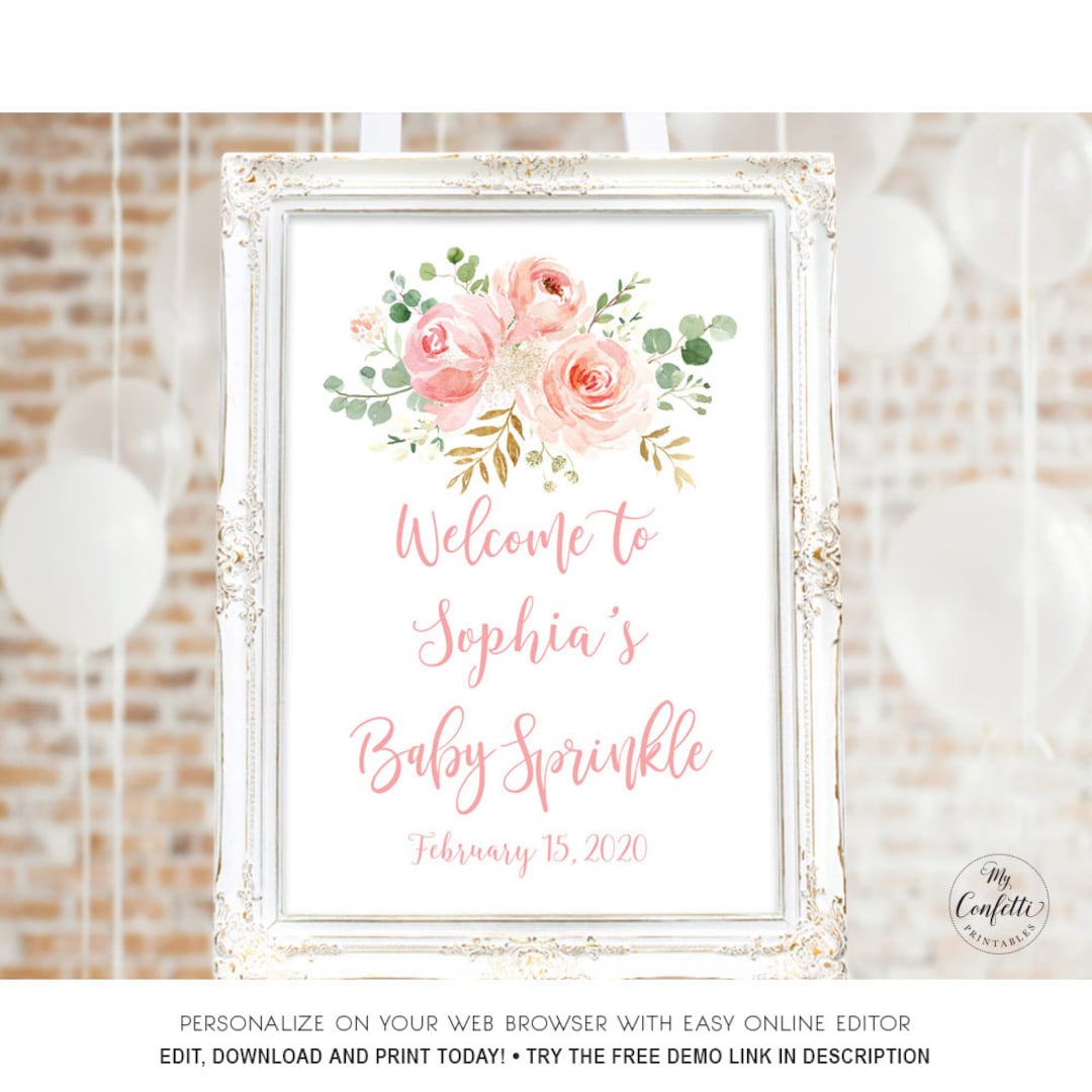 Blush Pink Floral Baby Sprinkle Welcome Sign, Printable Large Baby ...