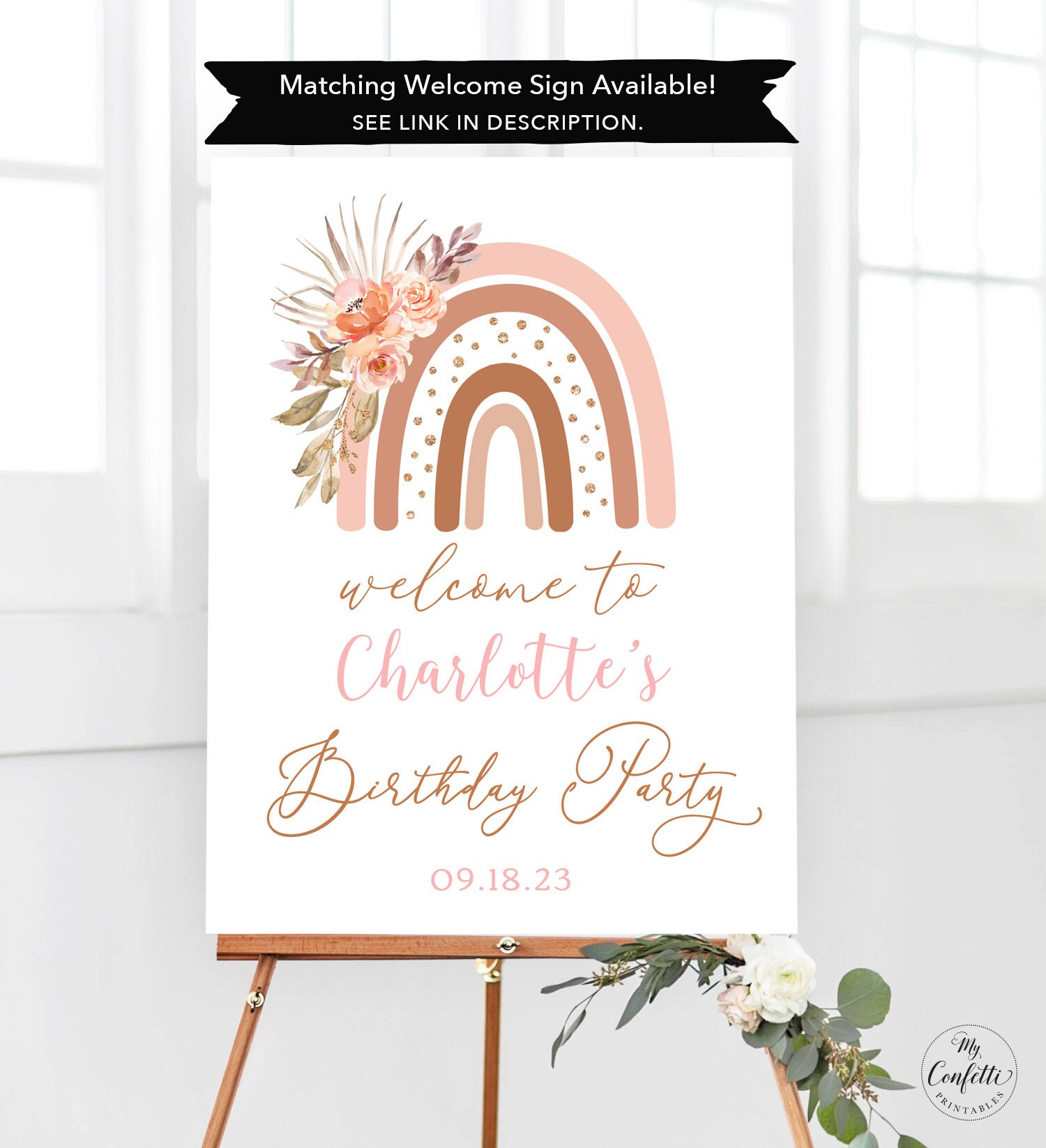 Wild & Three Girl 3rd Rainbow Birthday Invitation, Editable Pink Boho ...