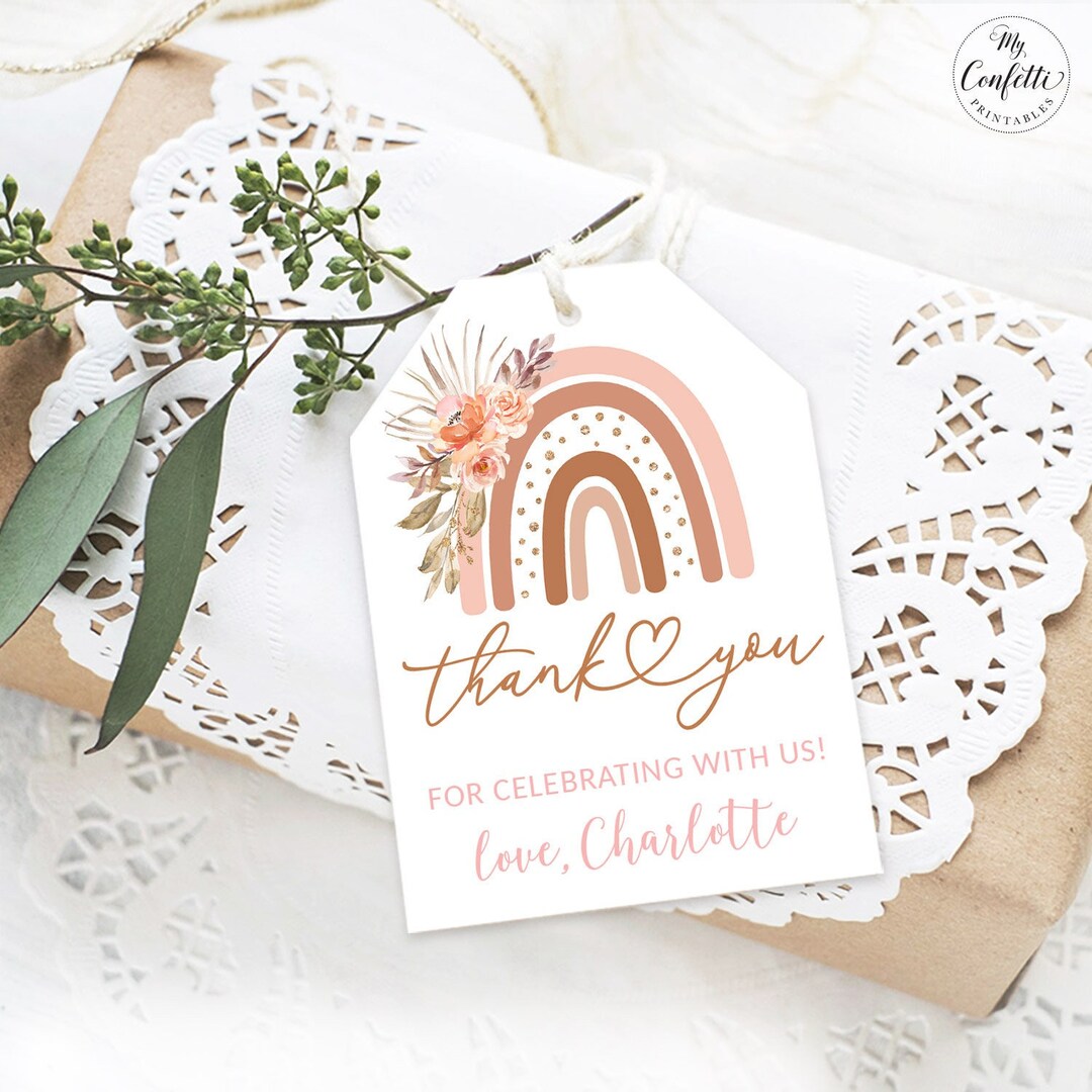 Pink Boho Rainbow Thank You Favors Tag, Printable Birthday Favor Tag ...