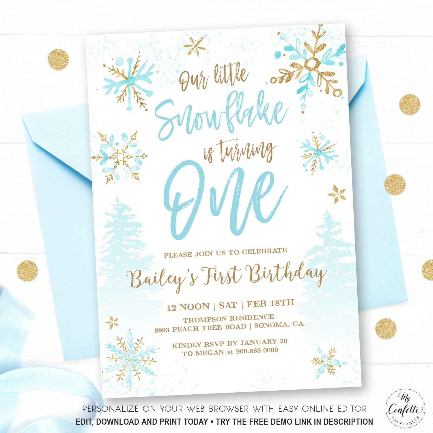 Snowflake Birthday Invitation Printable First Birthday | Etsy