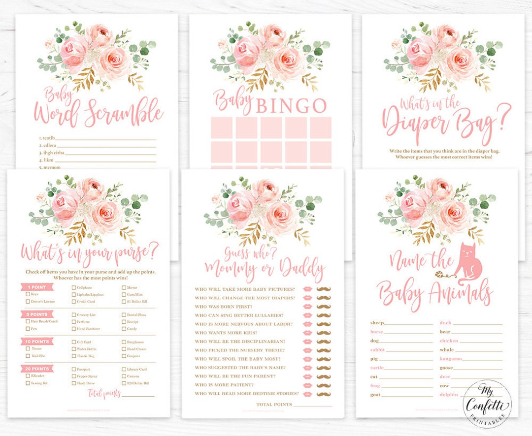Blush Pink Floral Baby Shower Game BUNDLE, Six Printable Baby Shower ...
