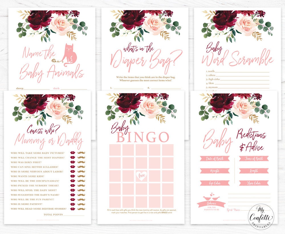 Editable Game with Burgundy and Blush Flowers Instant Download Bridal ...