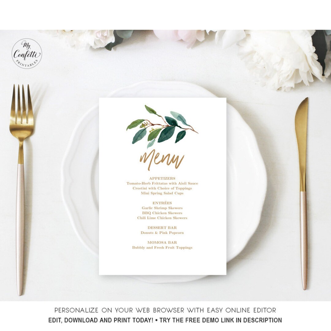 Printable Greenery Menu, Editable Menu Template, Baby Shower, Birthday ...