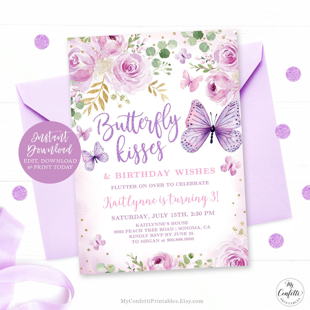 Any AGE Butterfly Birthday Invitation Template, Butterfly Kisses ...