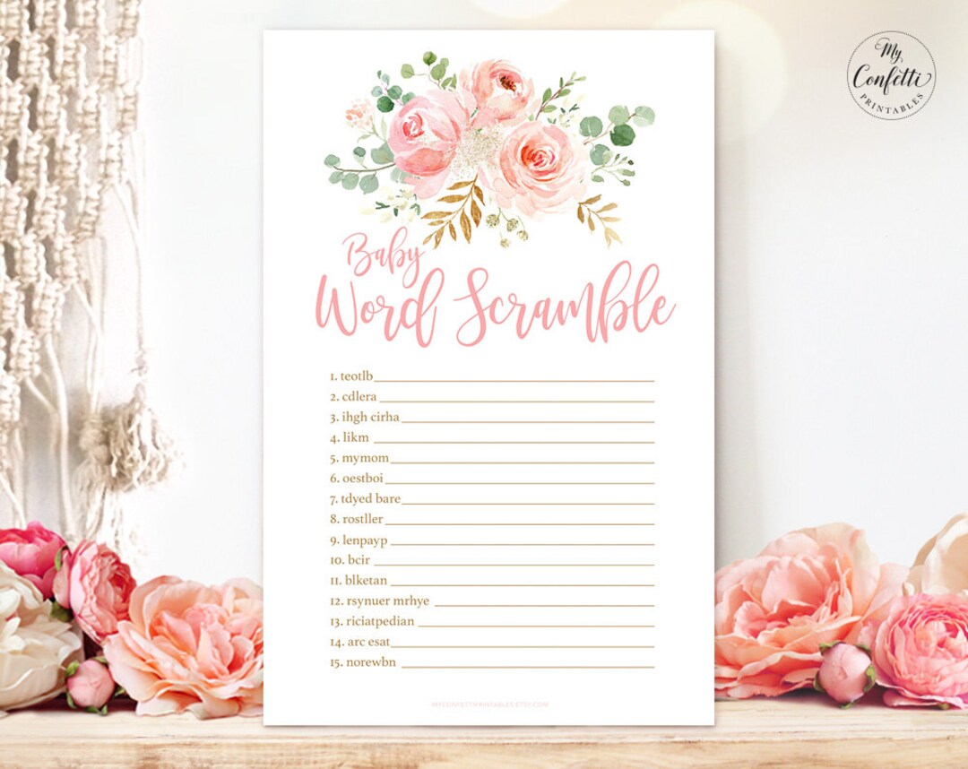 Baby Shower Game, Baby Word Scramble Game, Blush Pink Floral, Gold ...