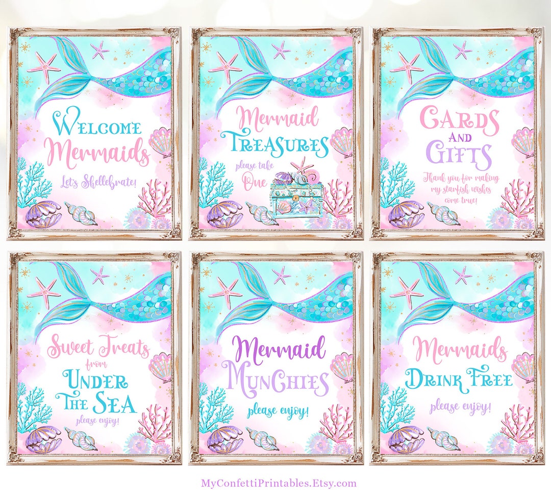 Mermaid Birthday Sign Bundle, Six Printable Birthday Sign Set, 8x10 ...