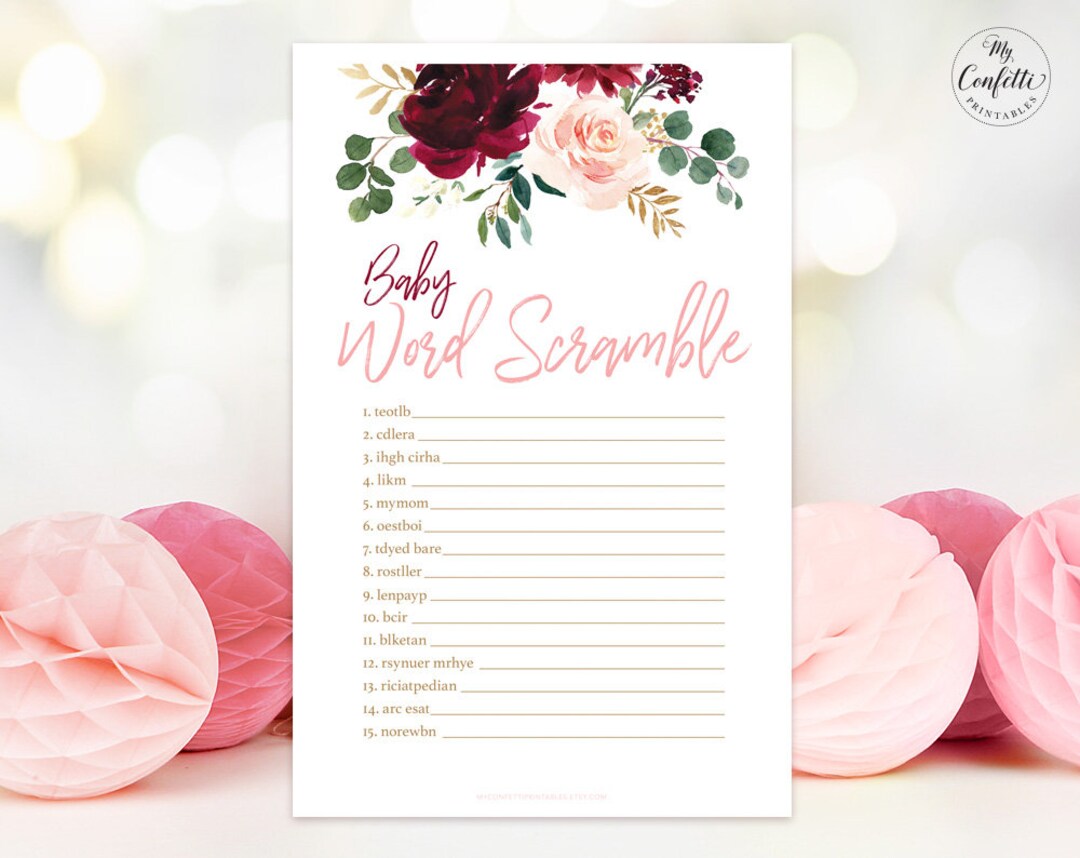 Baby Word Scramble Baby Shower Game, Printable Game, Pink Burgundy ...