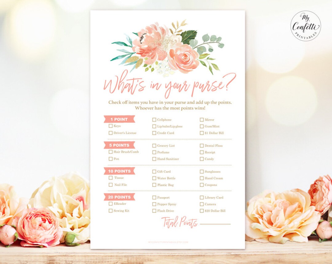Baby Shower Game, What's in Your Purse Game, Peach Blush Floral, Gold ...