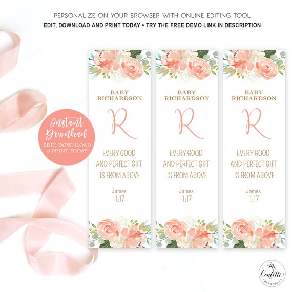 Peach Floral Printable Bookmark Favors Editable Bookmark - Etsy