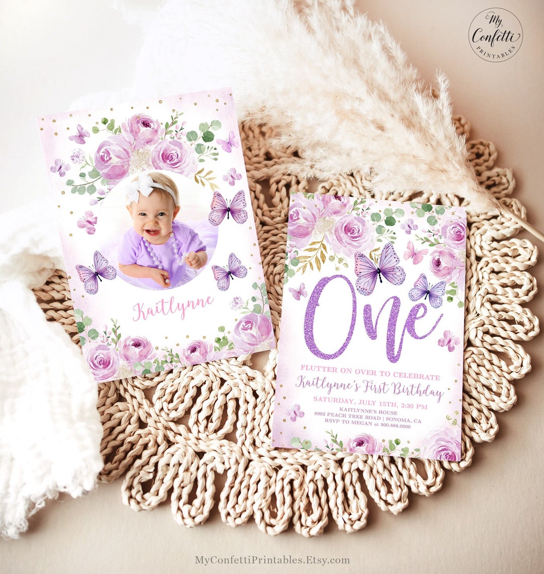 Girl First Birthday Invitation Template, Editable, Butterfly, Invite ...