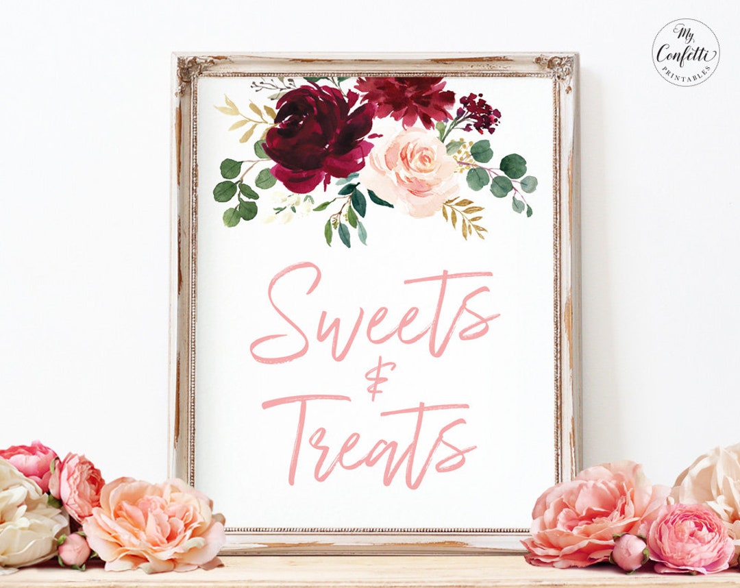 Sweets & Treats Sign, Printable Desserts Sign, Blush Pink Floral, Boho ...