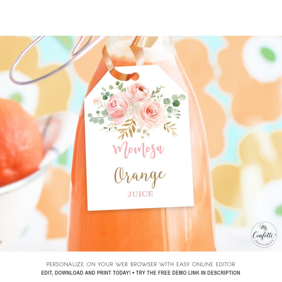 Editable Momosa Juice Tags, Blush Pink Floral Baby Shower Mimosa Juice ...