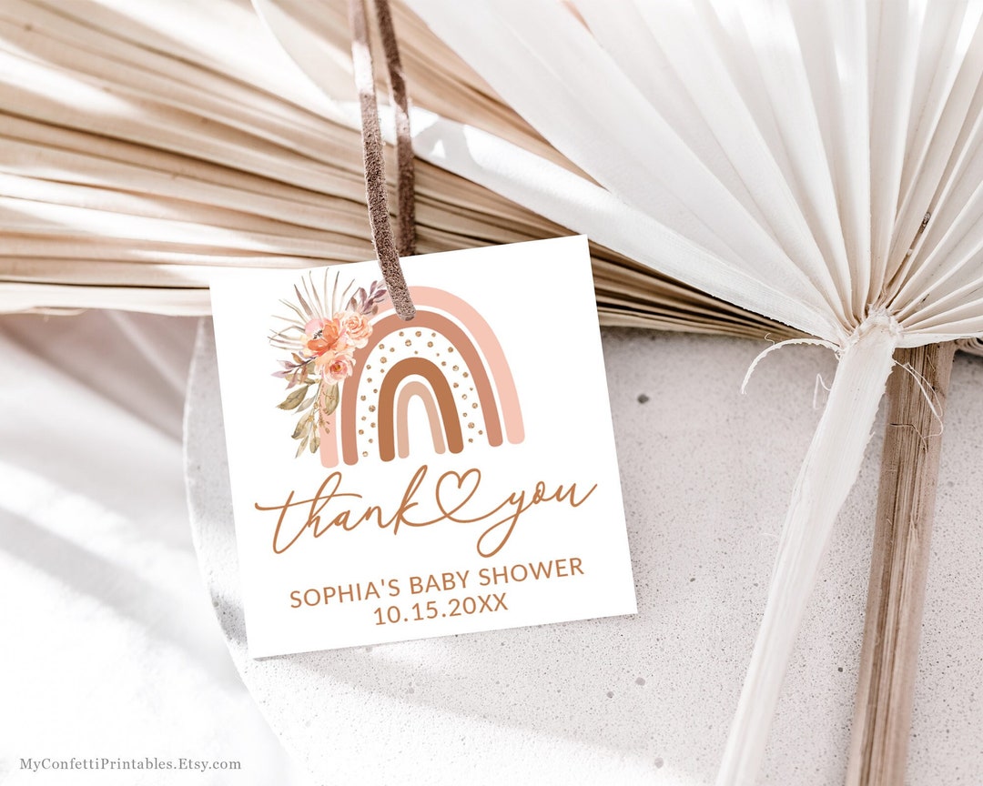 Boho Rainbow Square Thank You Favor Tags, Editable Baby Shower Favor ...