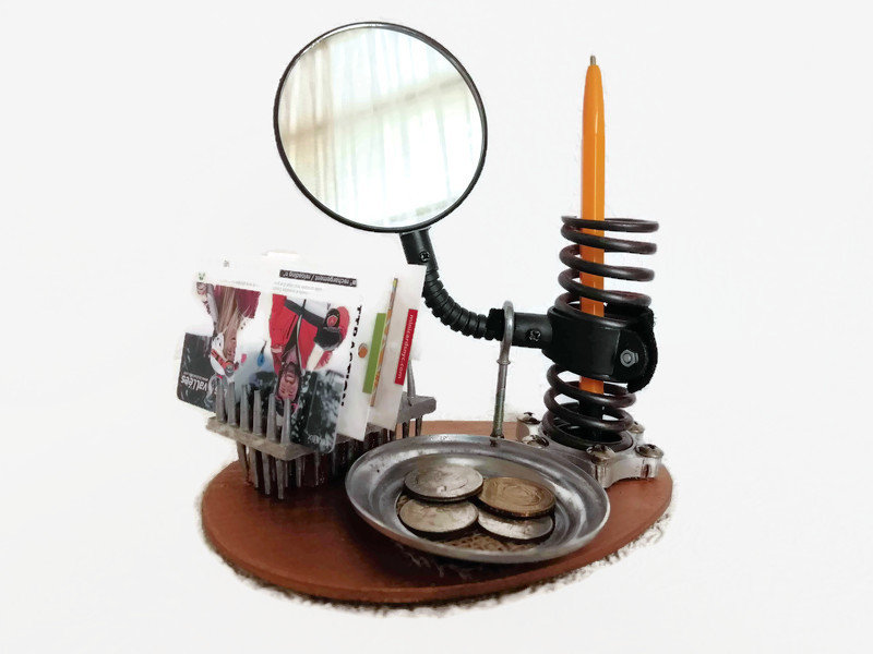 Unusual Desktop Organizer With Mirror Business Card Holder Spring Pen ...