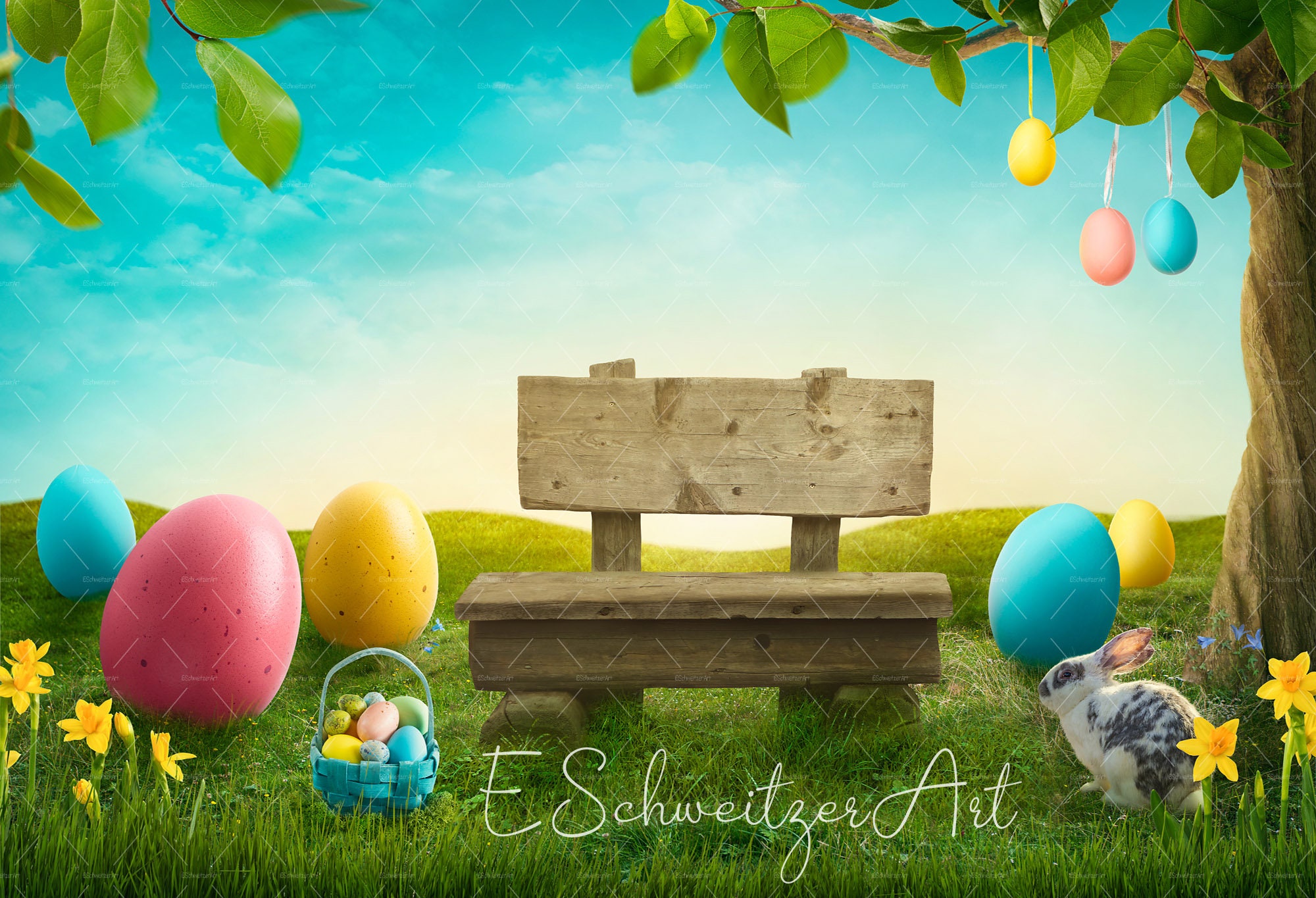 Happy Easter Background With Bench, Rabbit and Colorful Eggs for ...