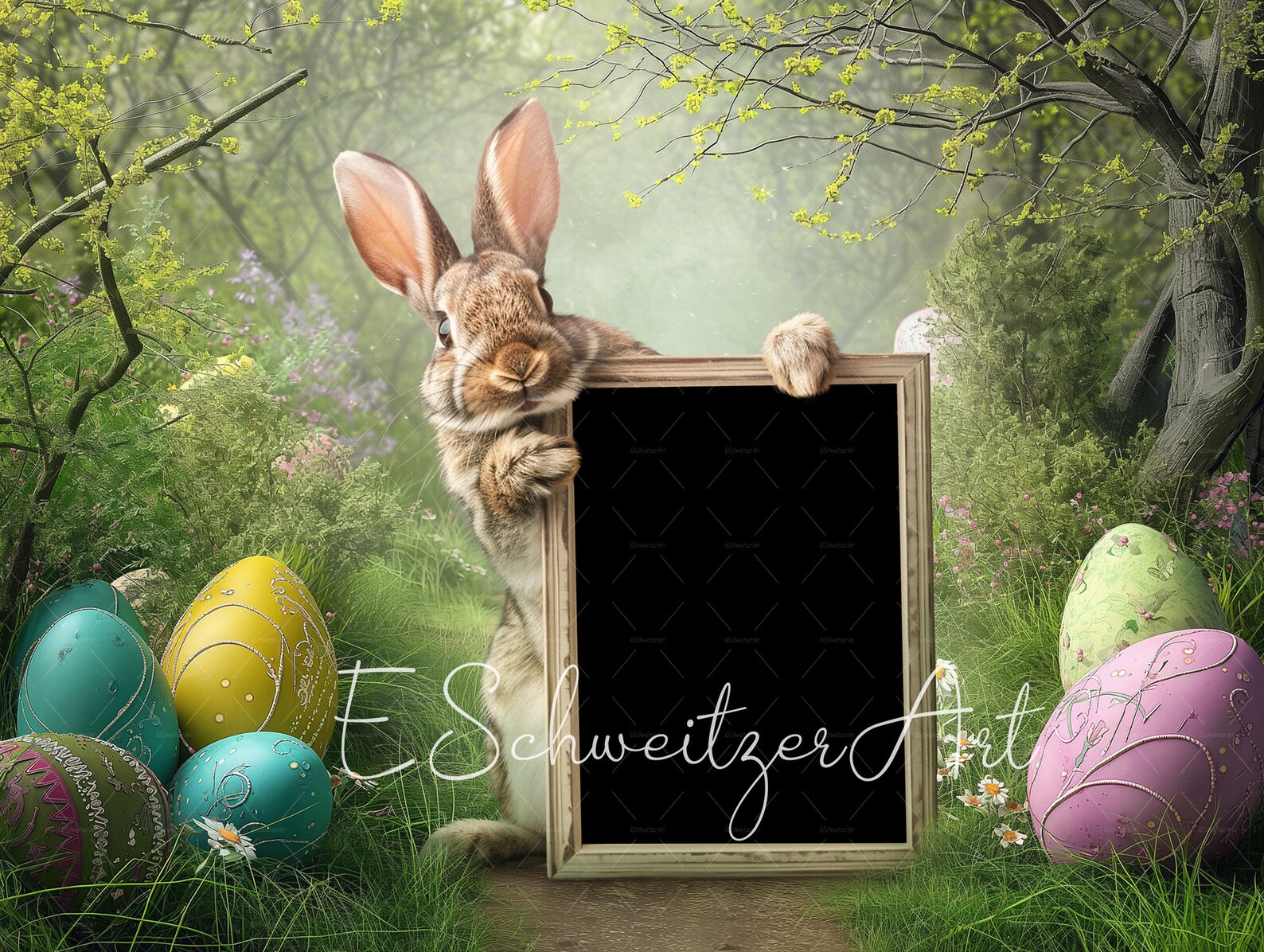 Easter Rabbit With Picture Frame for Easter Photo. Digital Backdrop ...