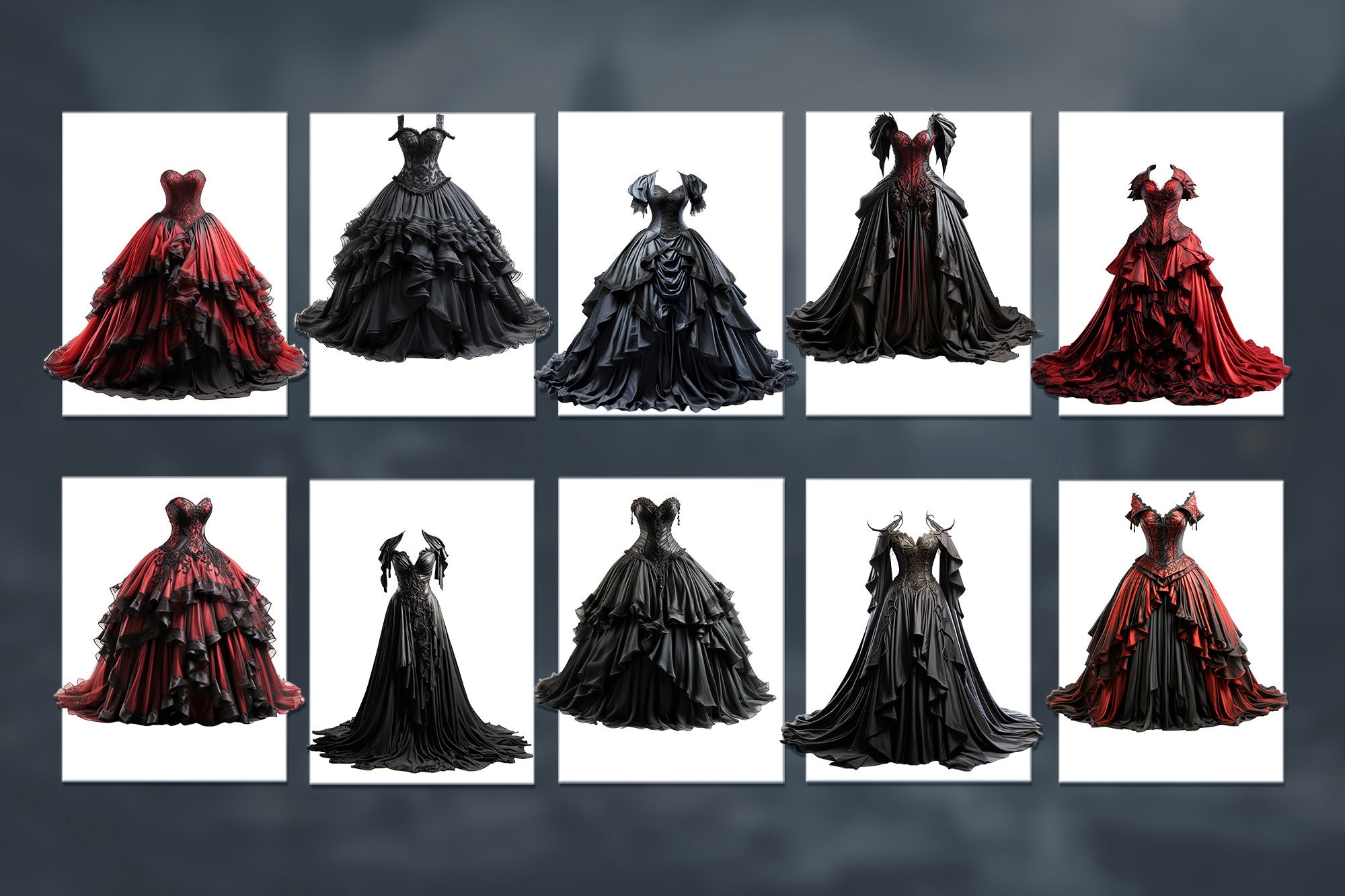 Black Red Gothic Woman Girl Dress Ball Gown Photo Overlay. 10 PACK. PNG ...
