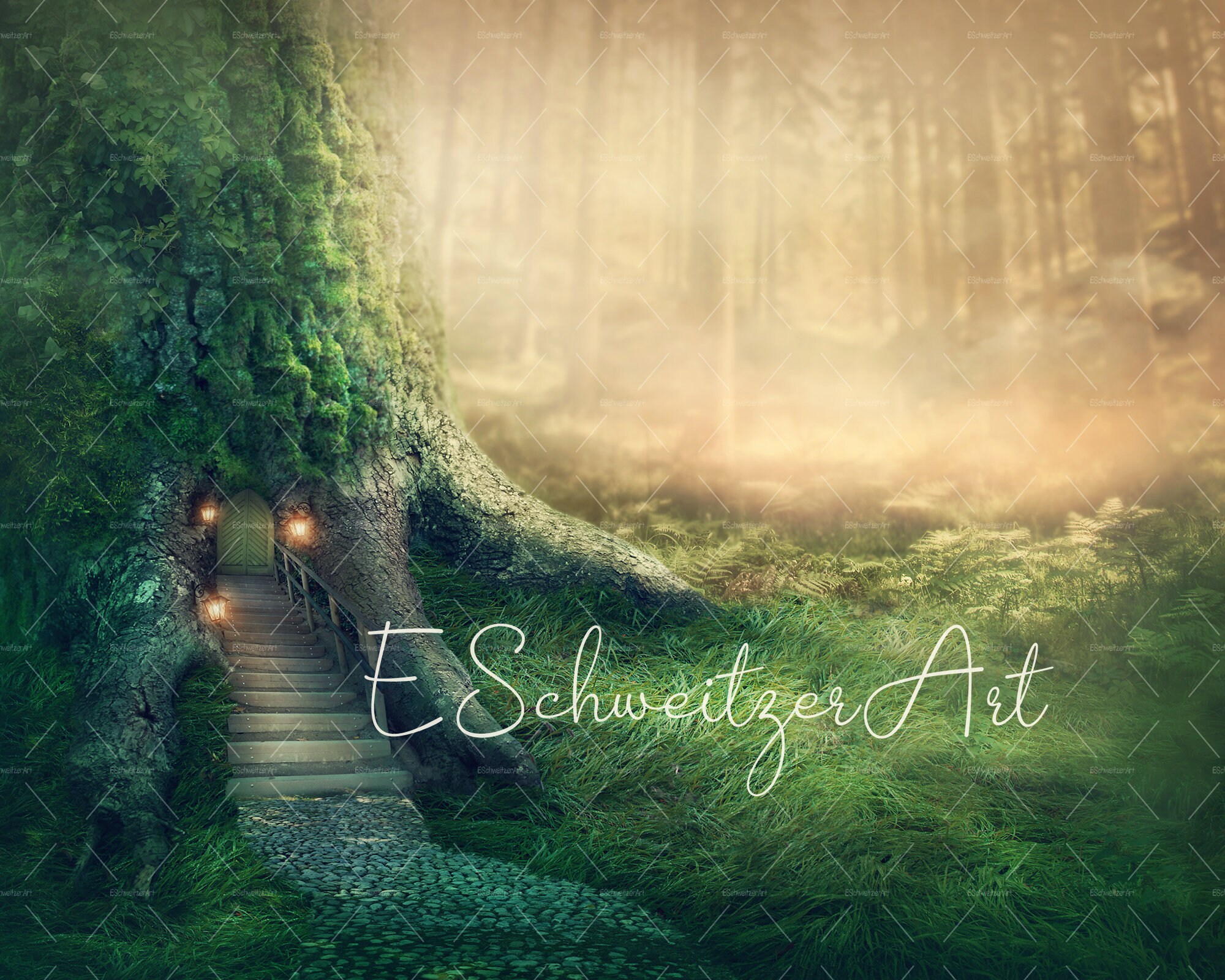 Enchanted Forest Background With Tree House. Digital Magical Backdrop ...