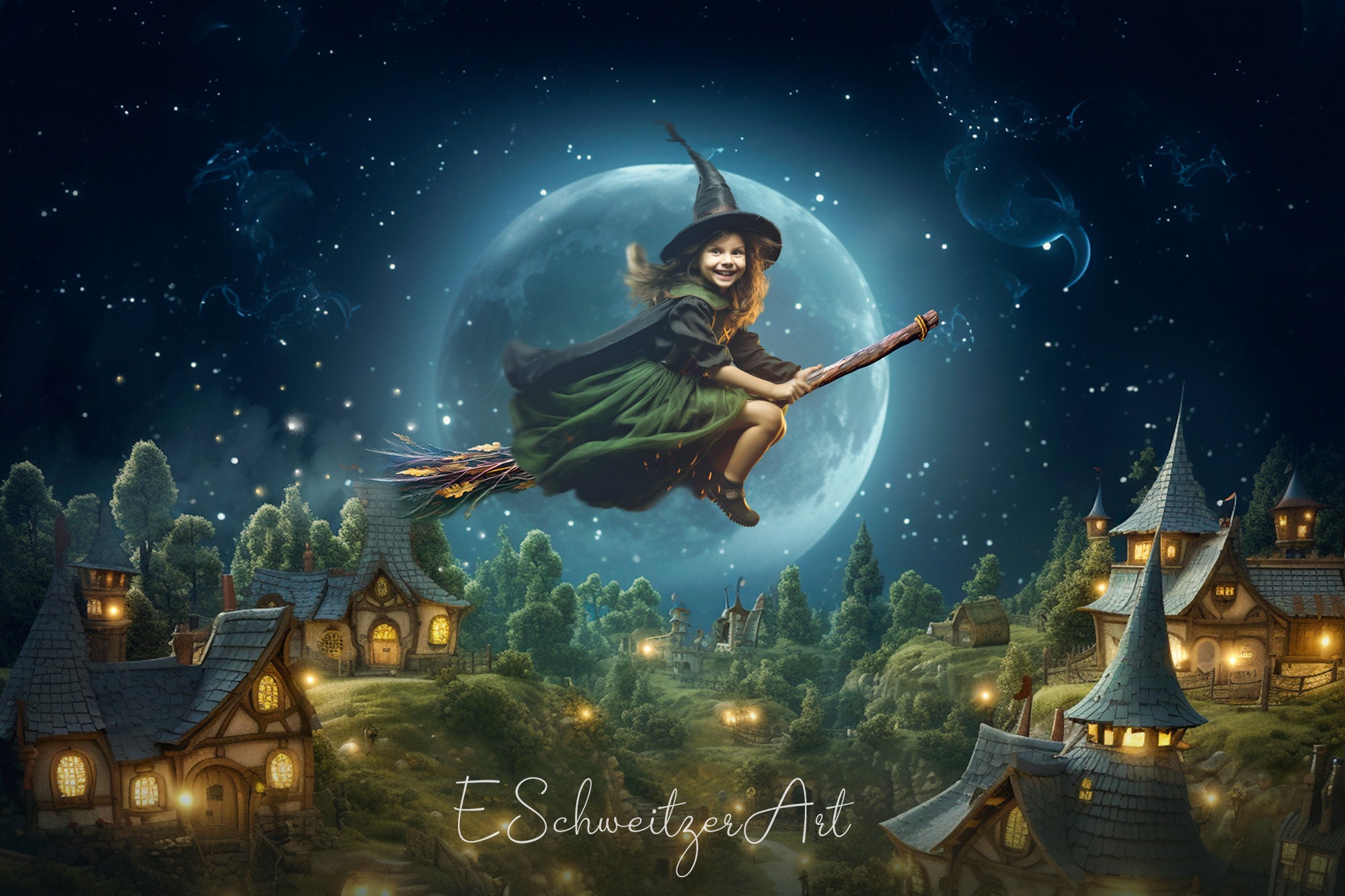 Witch Flying Riding Broom Broomstick Halloween Digital Backdrop. Funny ...