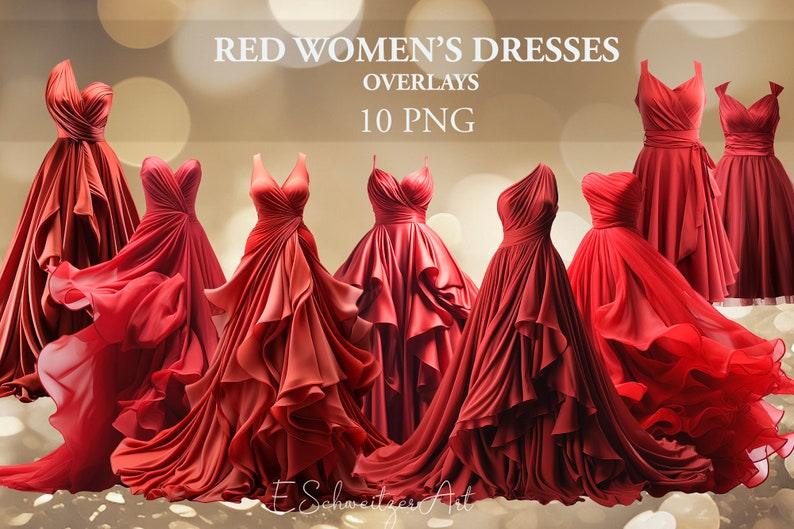 Red Woman Dress Photo Overlay. Festive Cocktail Sleeve Gown. 10 PACK ...