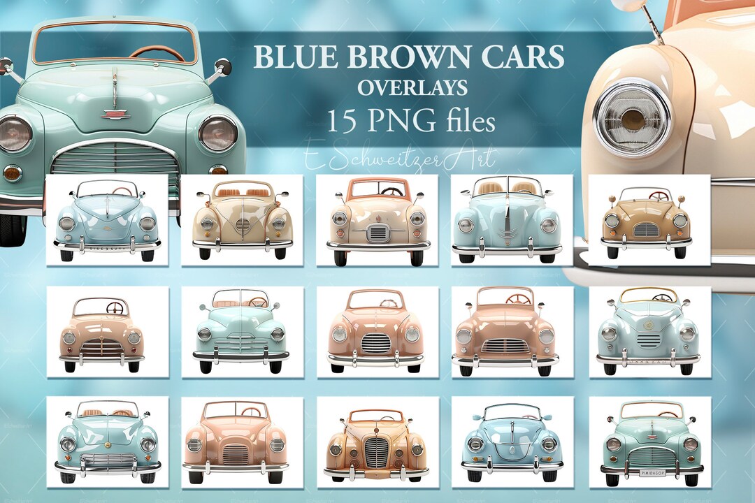 Blue Brown Vintage Children Car Photo Overlay. 15 PACK PNG Files ...