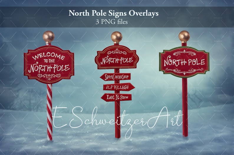North Pole Signs Overlays. PNG Files on Transparent Background. Digital ...
