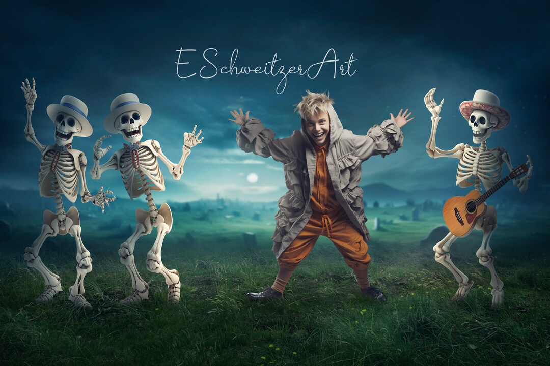 Crazy Dancing Skeletons on Graveyard Cemetery Halloween Digital ...