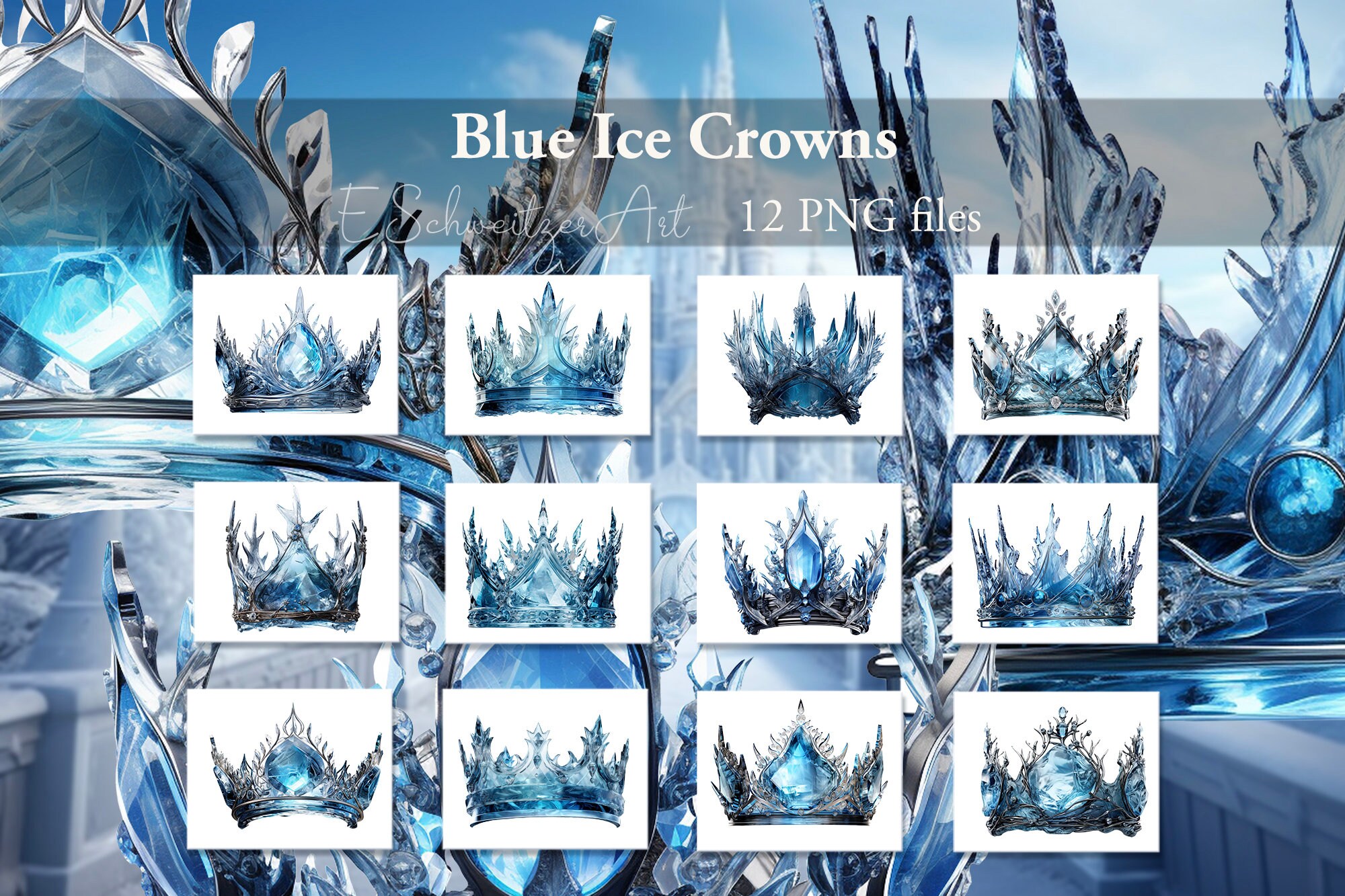 Blue Ice Crystal Glass Crown Photo Overlay. Princess Queen. 12 PACK ...