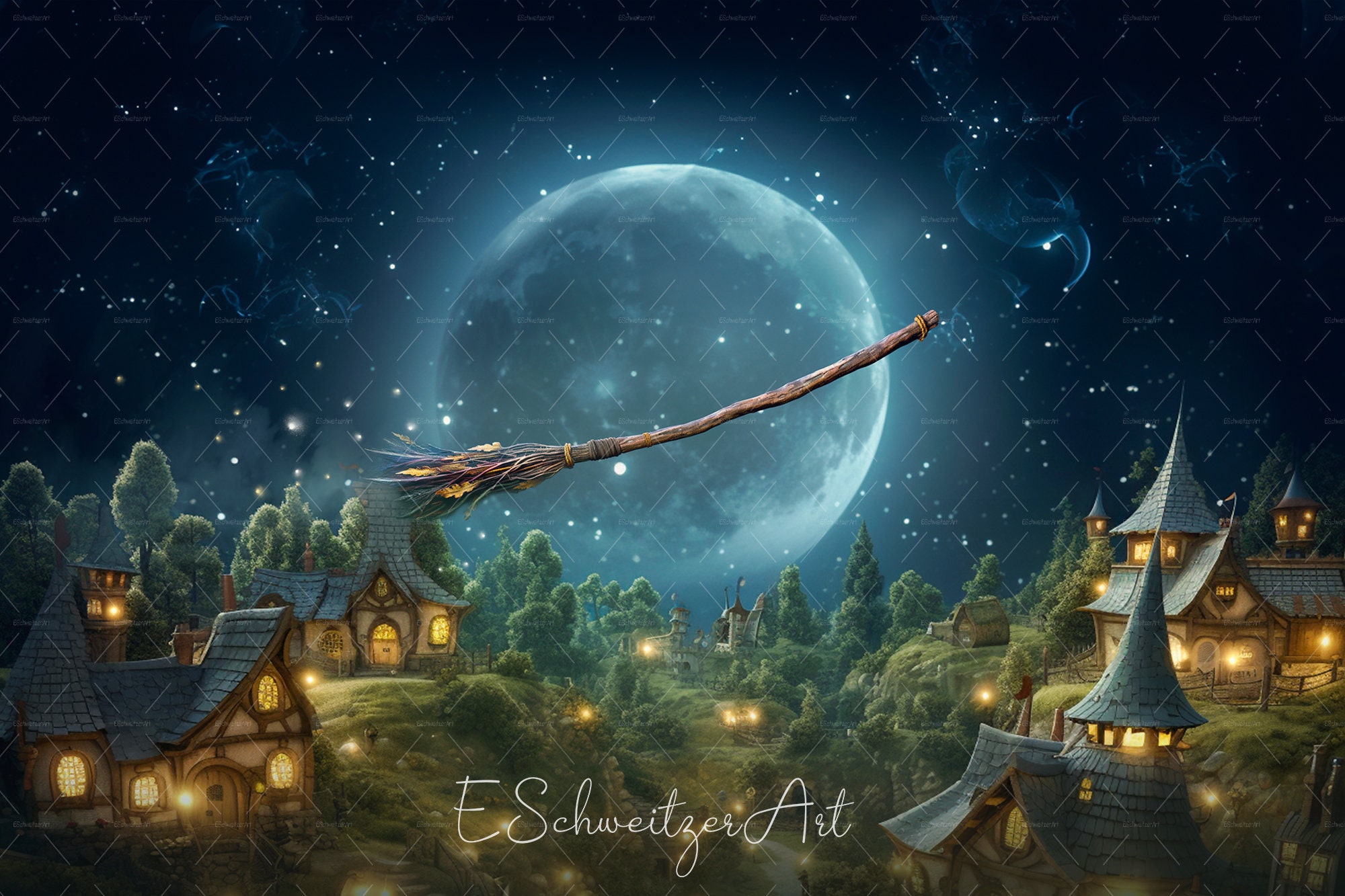 Witch Flying Riding Broom Broomstick Halloween Digital Backdrop. Funny ...
