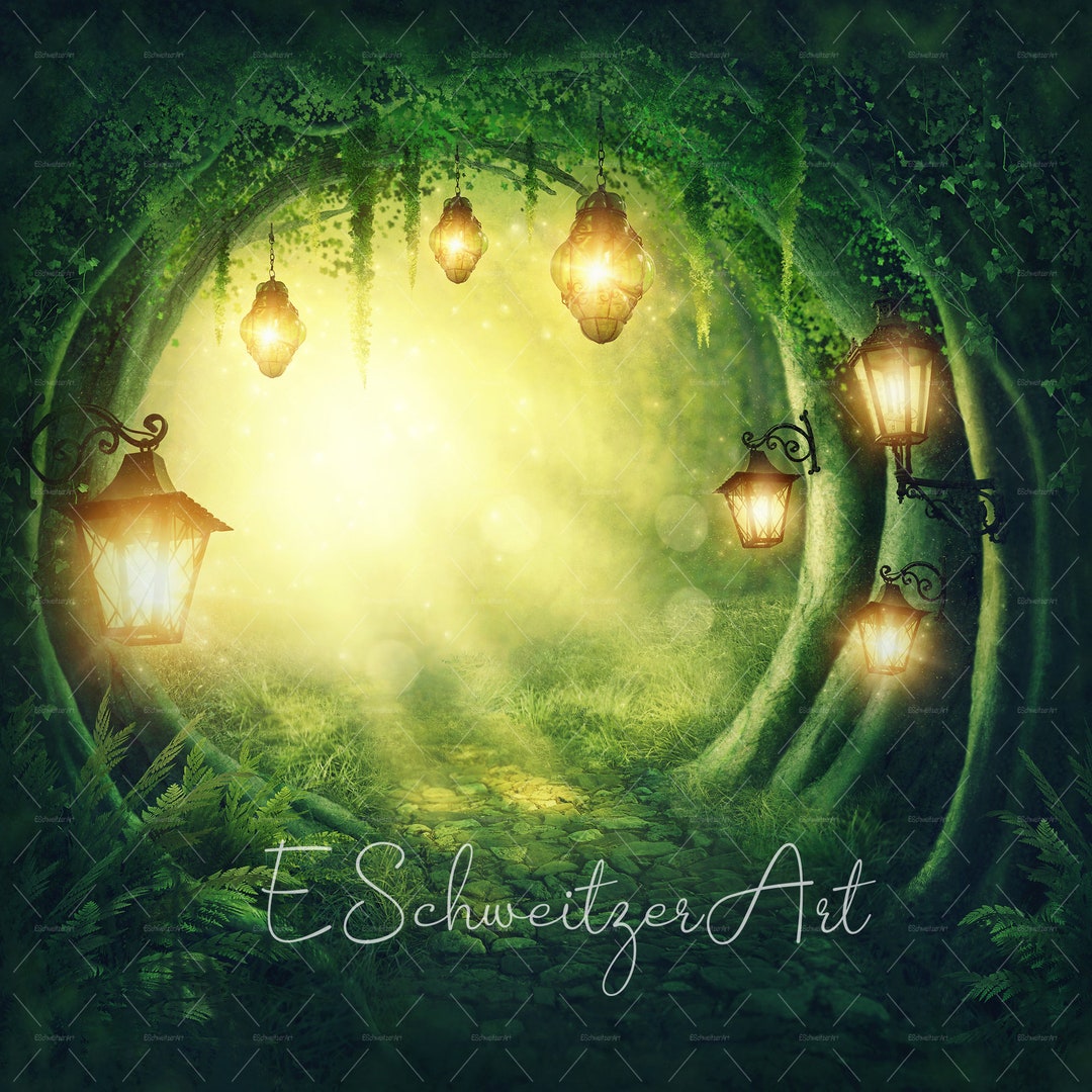 Enchanted Forest Background With Lanterns. Digital Magical Backdrop ...