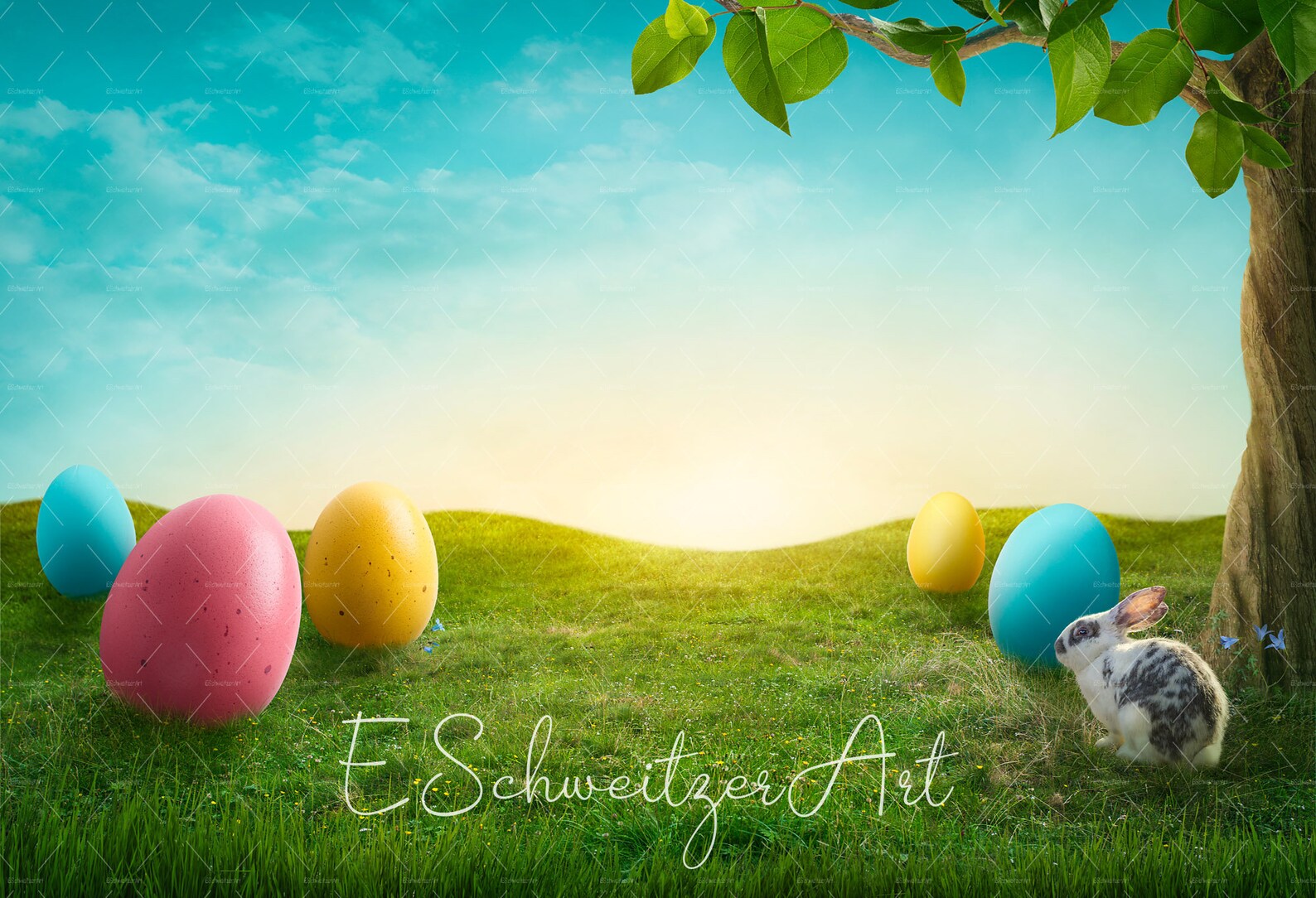 Simple Happy Easter Background With Rabbit and Colorful Eggs for ...