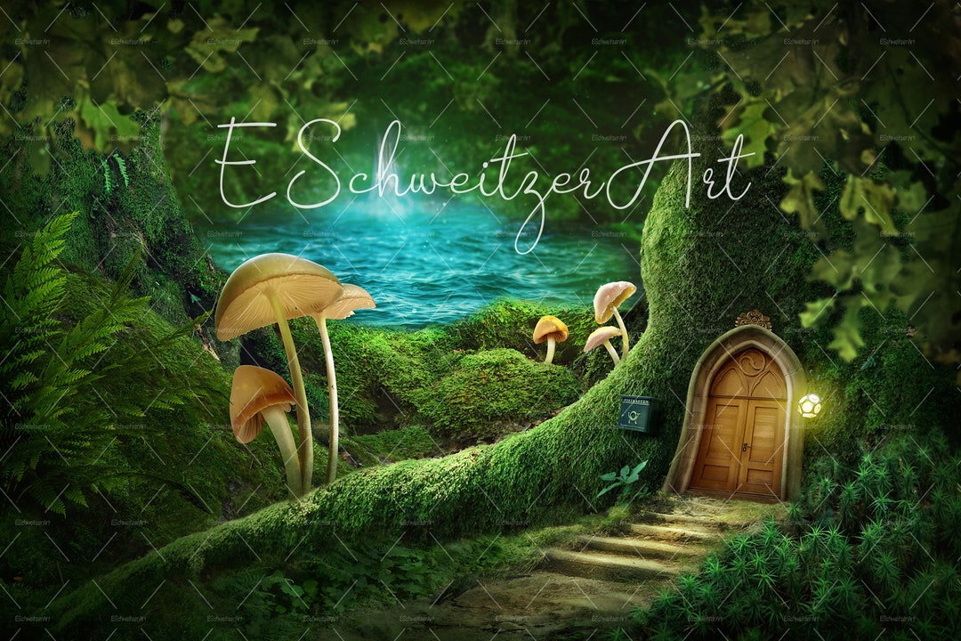 Enchanted Forest Background With Tree House. Digital Magical Backdrop ...