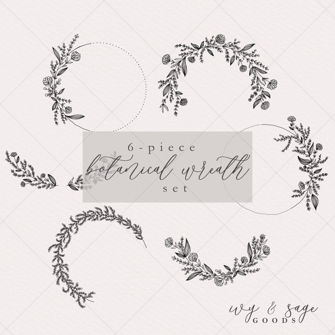 Hand Drawn Wreath Set | Laurel & Wreath Bundle | Sketched Line Art ...