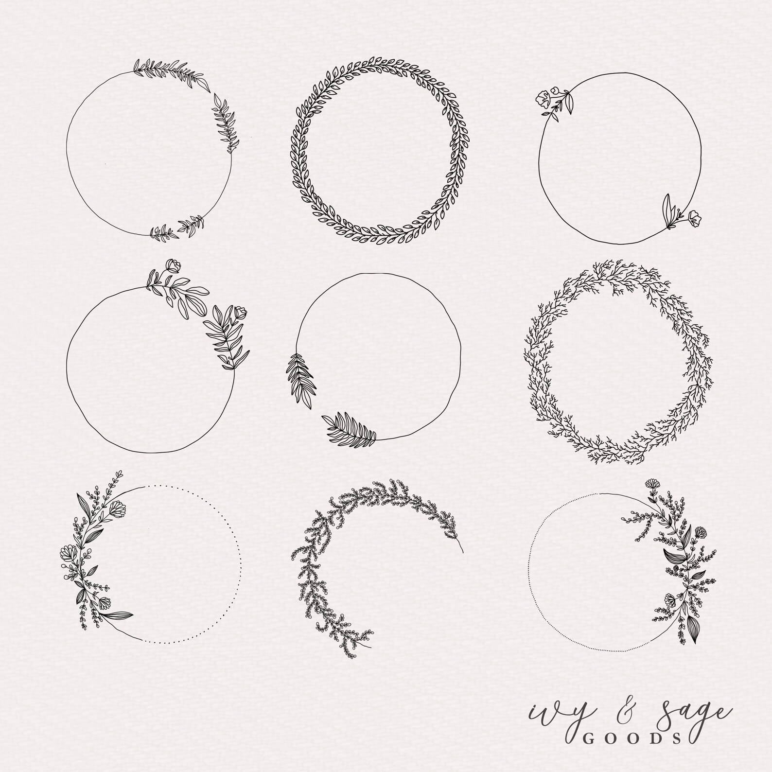 Digital Wreath Clipart Set Sketched Line Art PNG Clip Art - Etsy