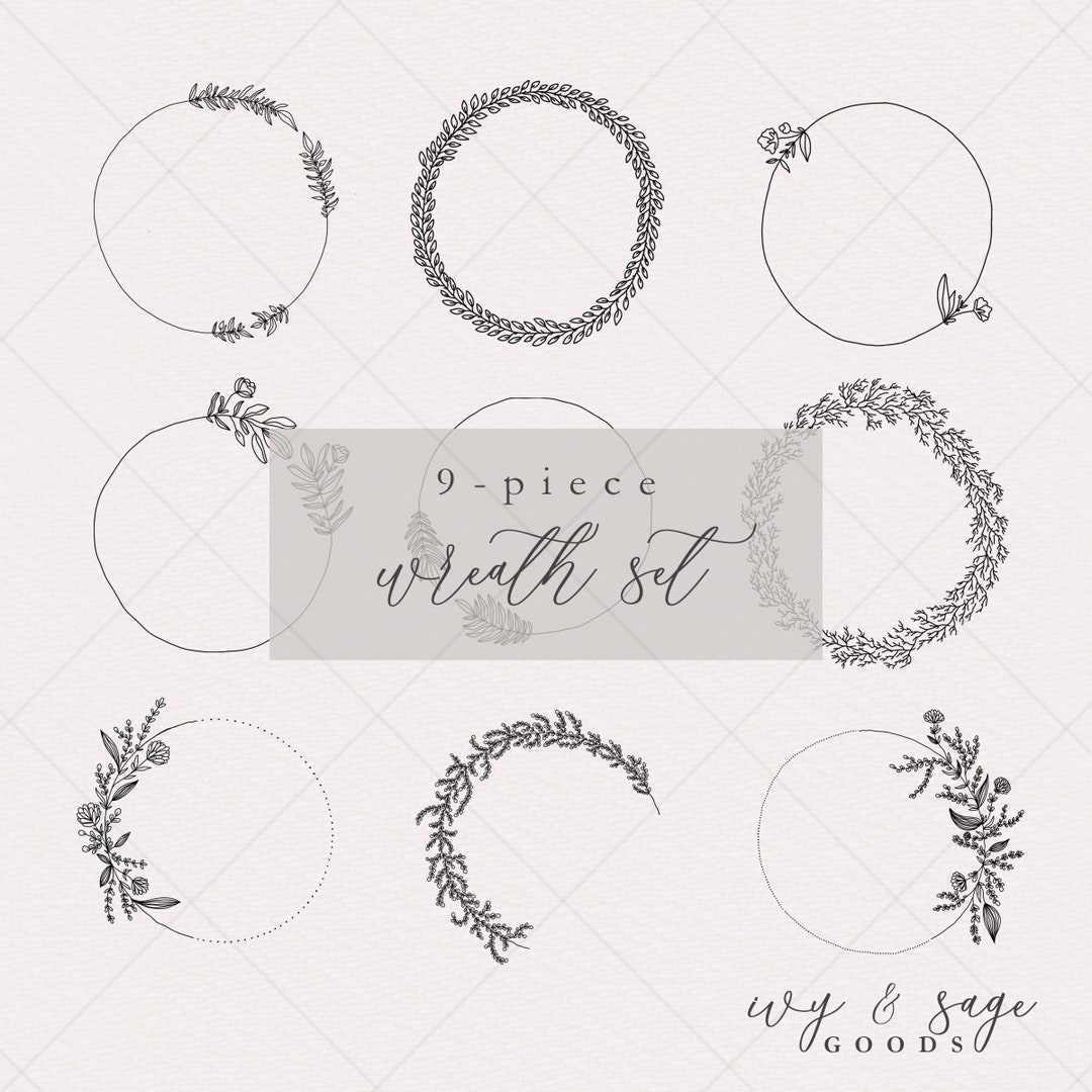 Digital Wreath Clipart Set | Sketched Line Art | PNG Clip Art ...