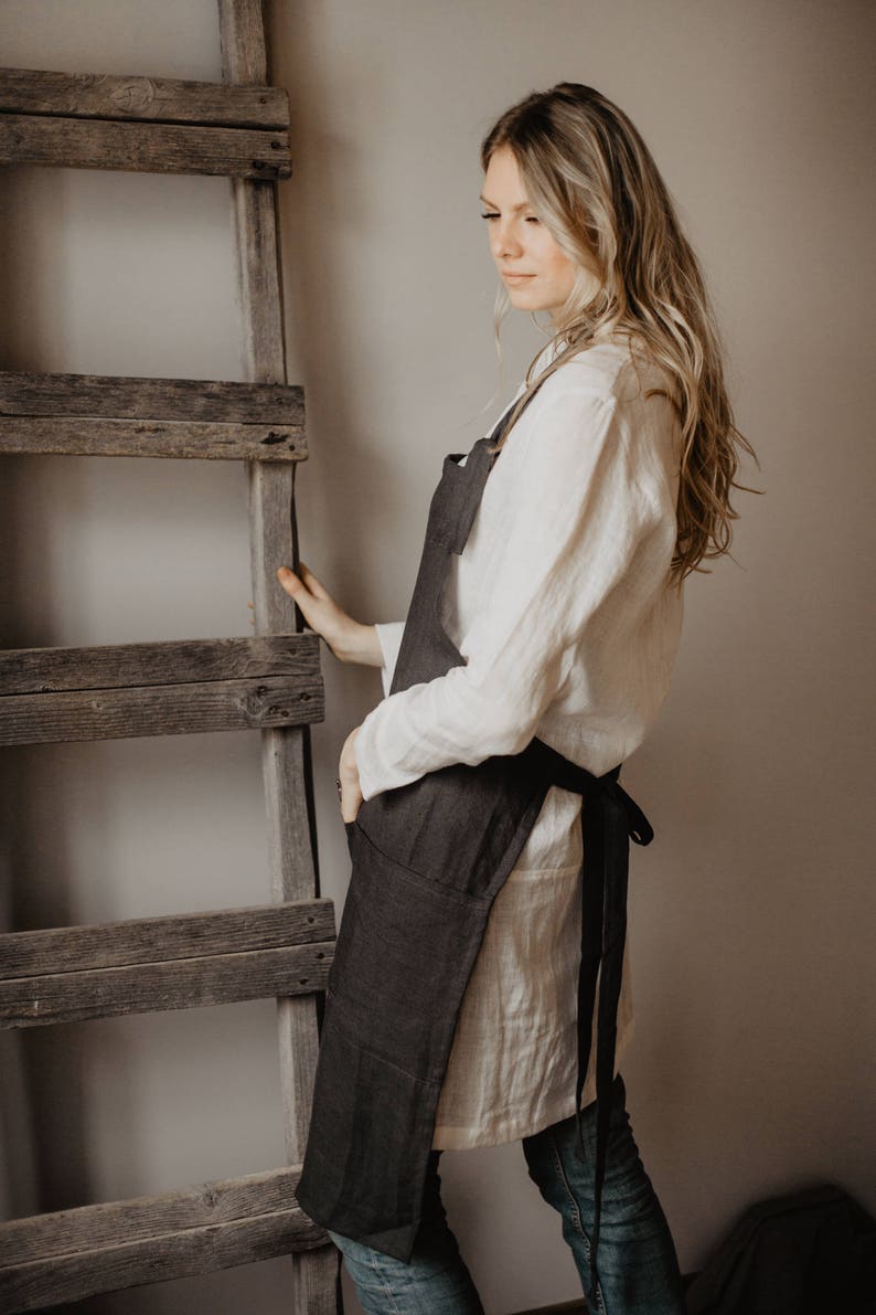 Linen Apron, Linen Tunic Apron, Work Dress, Washed Long Apron With Deep ...
